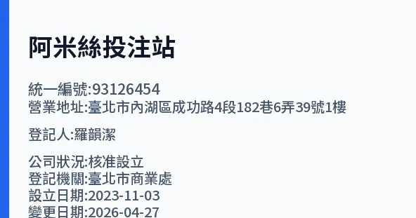 阿米絲投注站的照片-統編 93126454(臺北市) 公司登記資料與營業項目詳細圖表
