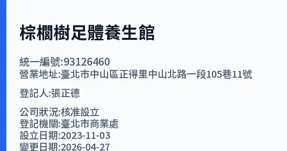 棕櫚樹足體養生館的照片-統編 93126460(臺北市) 公司登記資料與營業項目詳細圖表