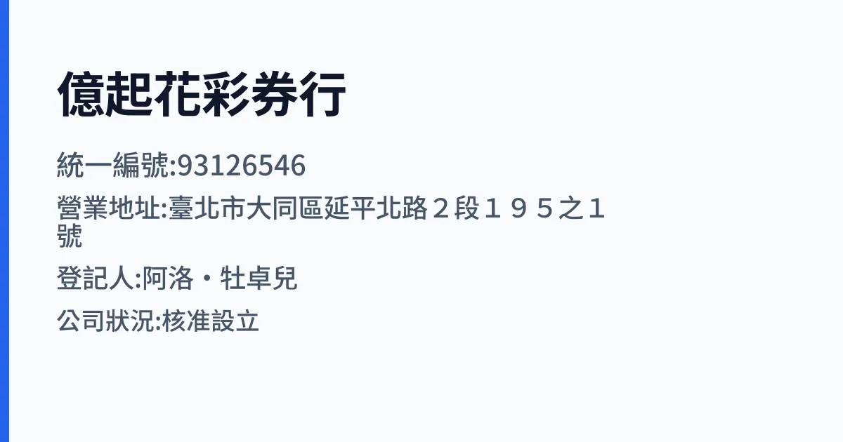 億起花彩券行 - 統編 93126546(臺北市) 公司登記資料與營業項目詳細圖表