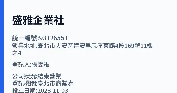 盛雅企業社的照片-統編 93126551(臺北市) 公司登記資料與營業項目詳細圖表