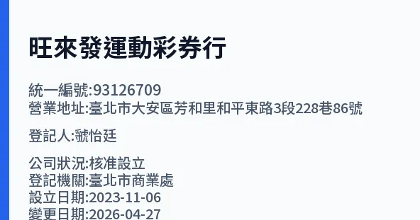 旺來發運動彩券行的照片-統編 93126709(臺北市) 公司登記資料與營業項目詳細圖表