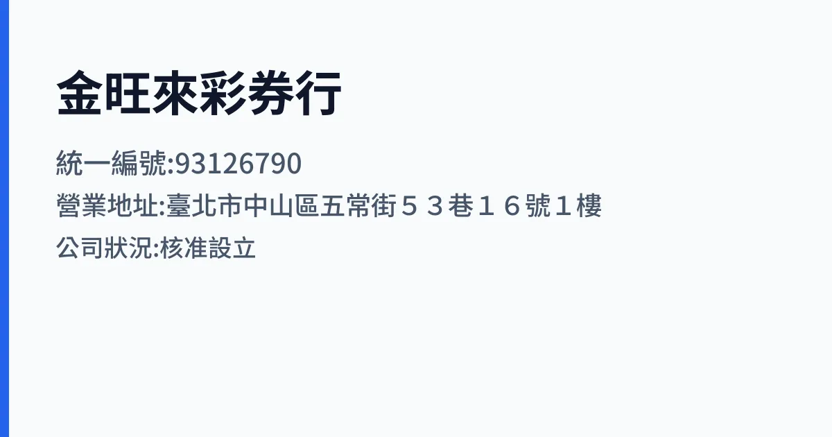 金旺來彩券行 - 統編 93126790(臺北市) 公司登記資料與營業項目詳細圖表