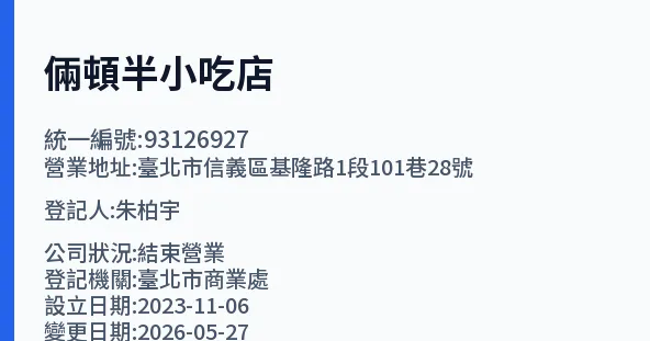 倆頓半小吃店的照片-統編 93126927(臺北市) 公司登記資料與營業項目詳細圖表