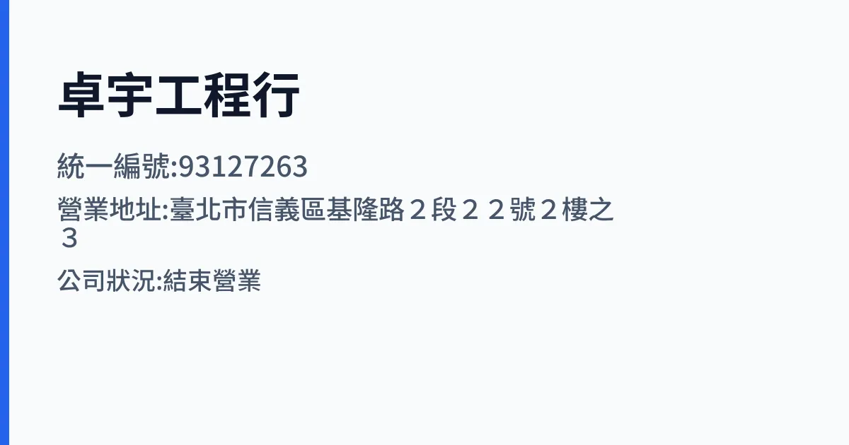 卓宇工程行 - 統編 93127263(臺北市) 公司登記資料與營業項目詳細圖表