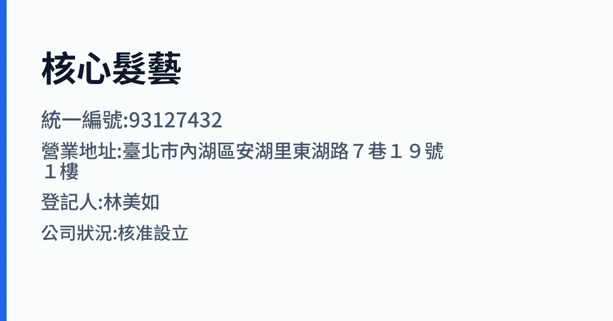 核心髮藝 - 統編 93127432(臺北市) 公司登記資料與營業項目詳細圖表
