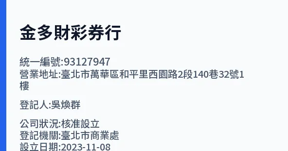 金多財彩券行的照片-統編 93127947(臺北市) 公司登記資料與營業項目詳細圖表