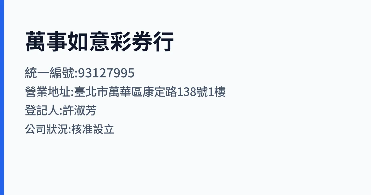 萬事如意彩券行 - 統編 93127995(臺北市) 公司登記資料與營業項目詳細圖表