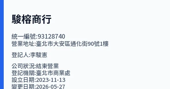 駿榕商行的照片-統編 93128740(臺北市) 公司登記資料與營業項目詳細圖表