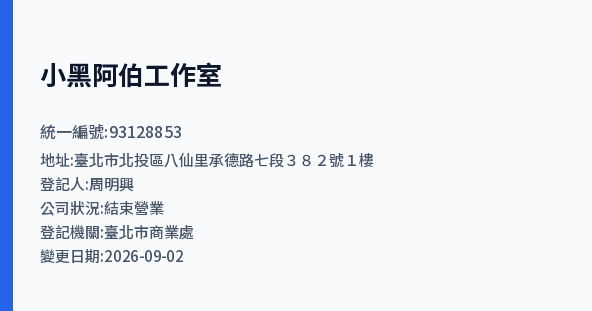 小黑阿伯工作室的照片-統編 93128853(臺北市) 公司登記資料與營業項目詳細圖表