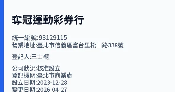 奪冠運動彩券行的照片-統編 93129115(臺北市) 公司登記資料與營業項目詳細圖表