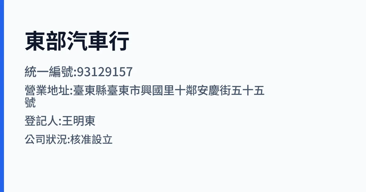 東部汽車行 - 統編 93129157(臺東縣) 公司登記資料與營業項目詳細圖表
