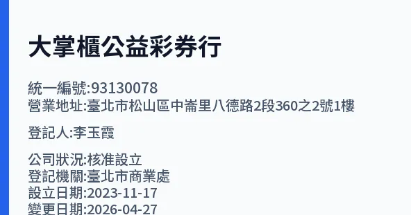 大掌櫃公益彩券行的照片-統編 93130078(臺北市) 公司登記資料與營業項目詳細圖表