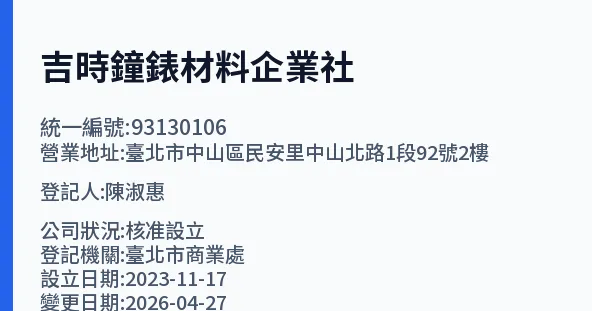 吉時鐘錶材料企業社的照片-統編 93130106(臺北市) 公司登記資料與營業項目詳細圖表