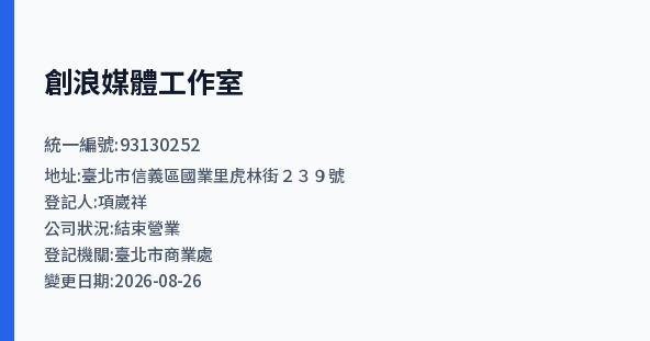 創浪媒體工作室的照片-統編 93130252(臺北市) 公司登記資料與營業項目詳細圖表