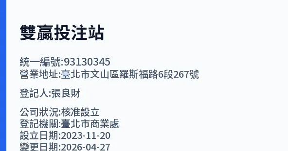 雙贏投注站的照片-統編 93130345(臺北市) 公司登記資料與營業項目詳細圖表