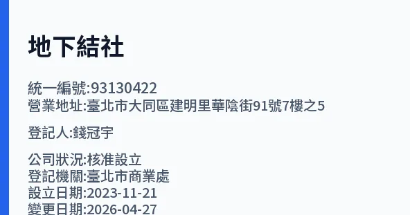 地下結社的照片-統編 93130422(臺北市) 公司登記資料與營業項目詳細圖表