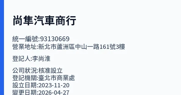 尚隼汽車商行的照片-統編 93130669(新北市) 公司登記資料與營業項目詳細圖表