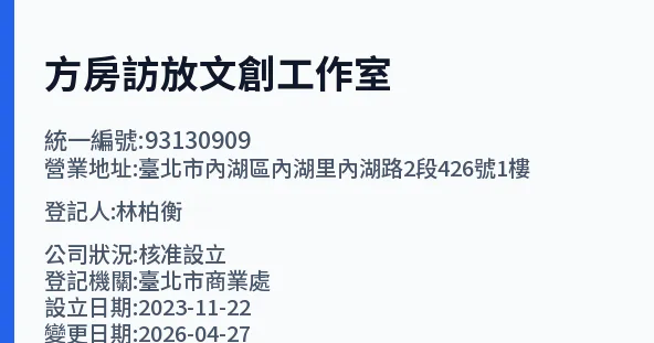 方房訪放文創工作室的照片-統編 93130909(臺北市) 公司登記資料與營業項目詳細圖表