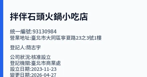 拌伴石頭火鍋小吃店的照片-統編 93130984(臺北市) 公司登記資料與營業項目詳細圖表