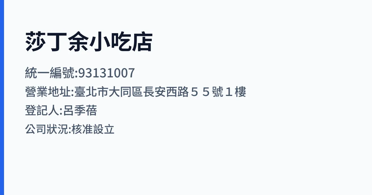 莎丁余小吃店 - 統編 93131007(臺北市) 公司登記資料與營業項目詳細圖表