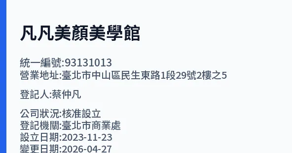 凡凡美顏美學館的照片-統編 93131013(臺北市) 公司登記資料與營業項目詳細圖表
