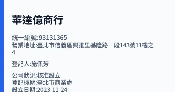 華達億商行的照片-統編 93131365(臺北市) 公司登記資料與營業項目詳細圖表