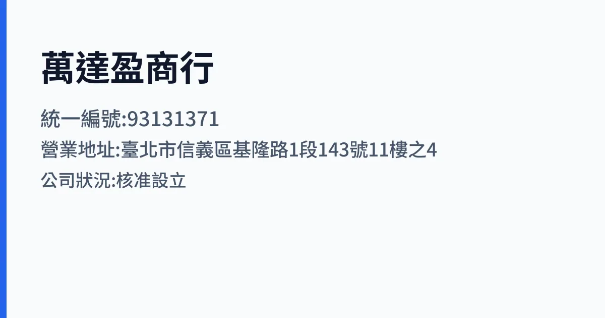 萬達盈商行 - 統編 93131371(臺北市) 公司登記資料與營業項目詳細圖表