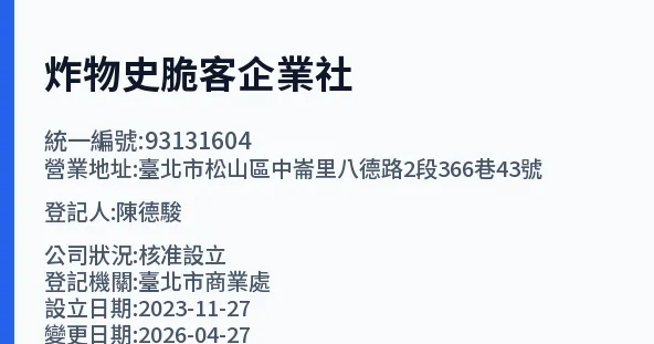 炸物史脆客企業社的照片-統編 93131604(臺北市) 公司登記資料與營業項目詳細圖表