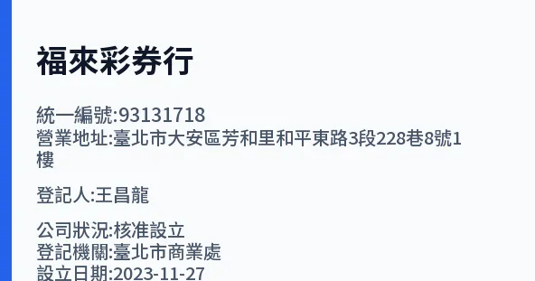 福來彩券行的照片-統編 93131718(臺北市) 公司登記資料與營業項目詳細圖表