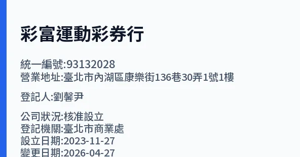 彩富運動彩券行的照片-統編 93132028(臺北市) 公司登記資料與營業項目詳細圖表