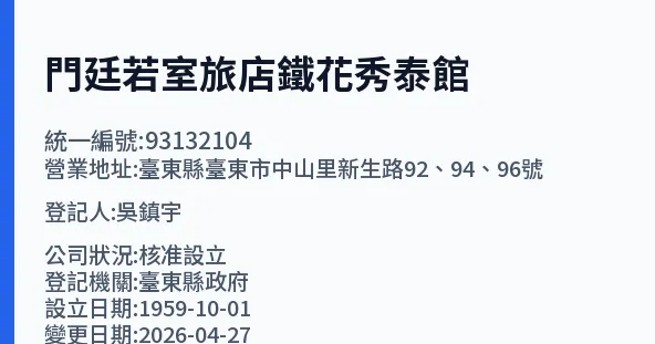 門廷若室旅店鐵花秀泰館的照片-統編 93132104(臺東縣) 公司登記資料與營業項目詳細圖表