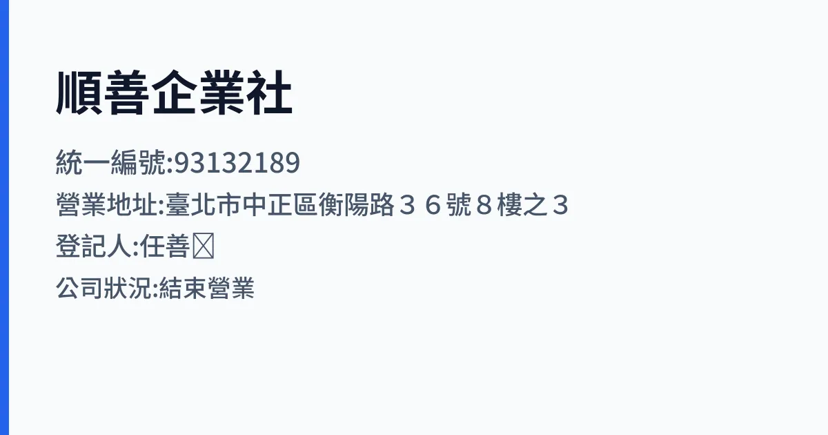 順善企業社 - 統編 93132189(臺北市) 公司登記資料與營業項目詳細圖表