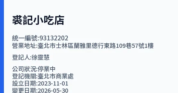 裘記小吃店的照片-統編 93132202(臺北市) 公司登記資料與營業項目詳細圖表