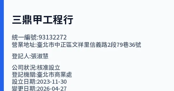 三鼎甲工程行的照片-統編 93132272(臺北市) 公司登記資料與營業項目詳細圖表