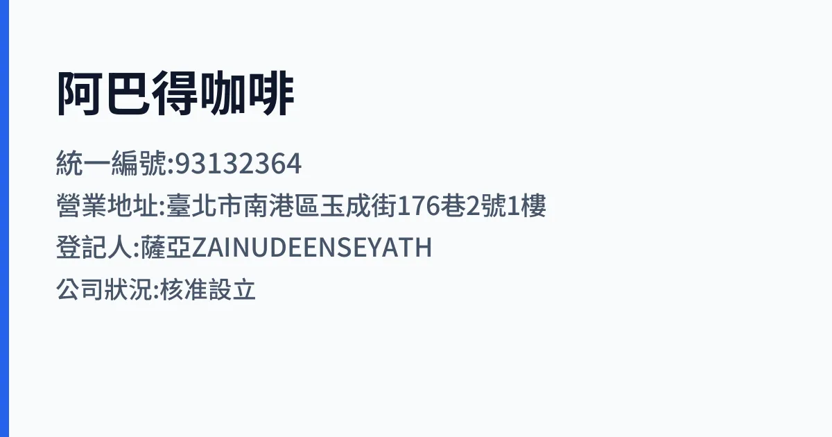 阿巴得咖啡 - 統編 93132364(臺北市) 公司登記資料與營業項目詳細圖表
