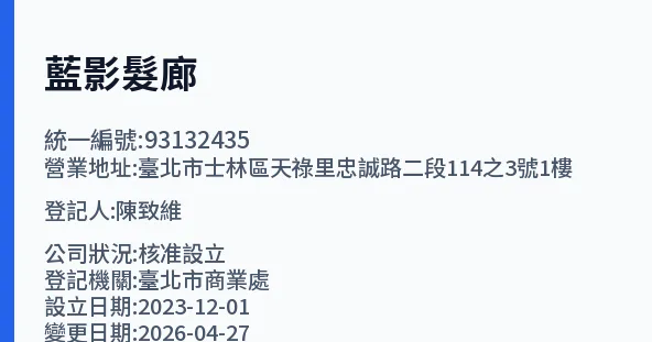 藍影髮廊的照片-統編 93132435(臺北市) 公司登記資料與營業項目詳細圖表