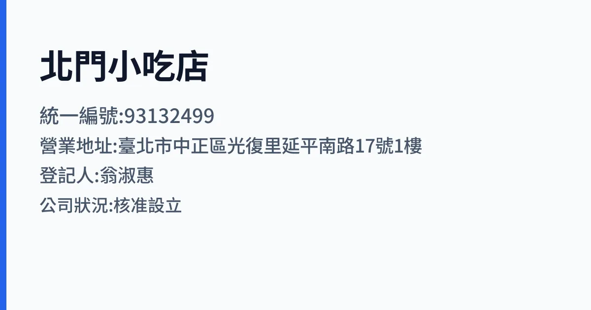 北門小吃店 - 統編 93132499(臺北市) 公司登記資料與營業項目詳細圖表