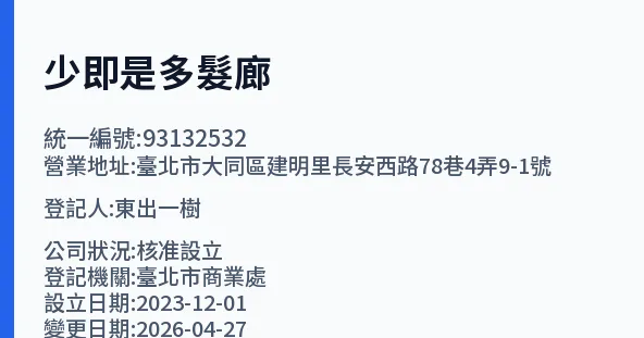 少即是多髮廊的照片-統編 93132532(臺北市) 公司登記資料與營業項目詳細圖表