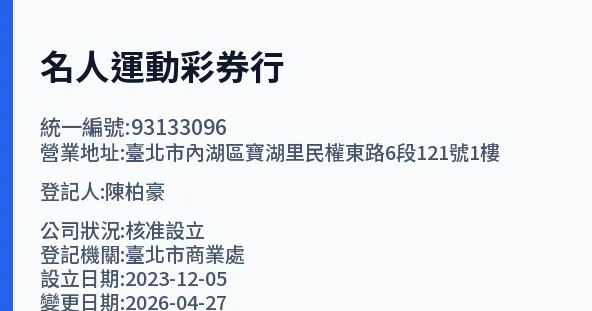 名人運動彩券行的照片-統編 93133096(臺北市) 公司登記資料與營業項目詳細圖表