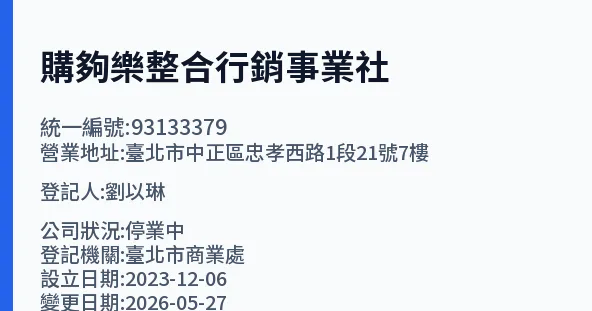 購夠樂整合行銷事業社的照片-統編 93133379(臺北市) 公司登記資料與營業項目詳細圖表