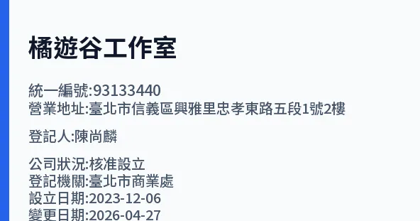 橘遊谷工作室的照片-統編 93133440(臺北市) 公司登記資料與營業項目詳細圖表