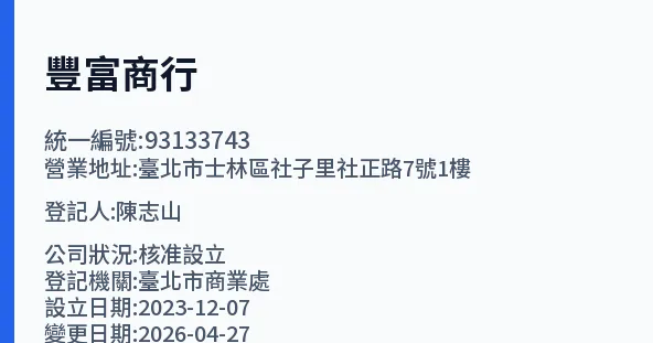 豐富商行的照片-統編 93133743(臺北市) 公司登記資料與營業項目詳細圖表