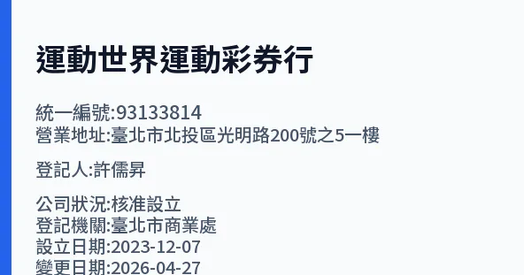 運動世界運動彩券行的照片-統編 93133814(臺北市) 公司登記資料與營業項目詳細圖表