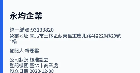 永均企業的照片-統編 93133820(臺北市) 公司登記資料與營業項目詳細圖表