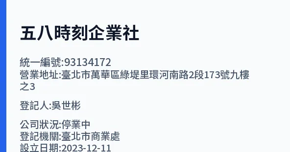 五八時刻企業社的照片-統編 93134172(臺北市) 公司登記資料與營業項目詳細圖表