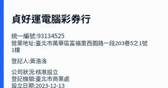 貞好運電腦彩券行的照片-統編 93134525(臺北市) 公司登記資料與營業項目詳細圖表