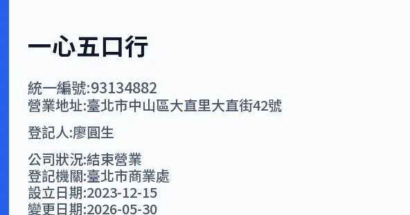 一心五口行的照片-統編 93134882(臺北市) 公司登記資料與營業項目詳細圖表