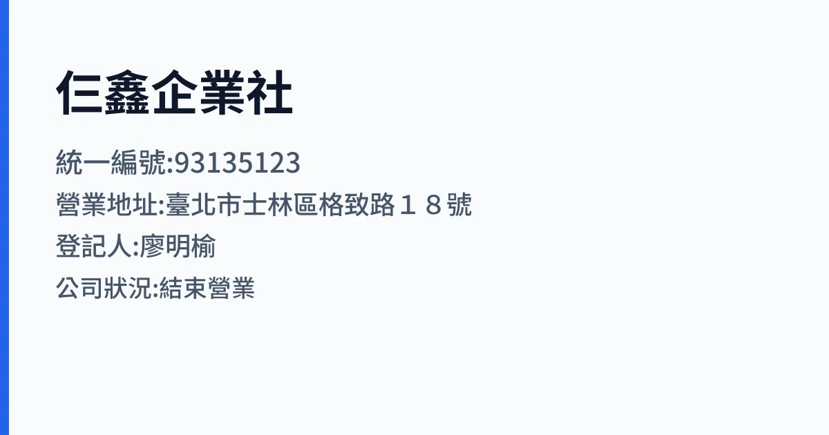 仨鑫企業社 - 統編 93135123(臺北市) 公司登記資料與營業項目詳細圖表