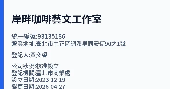 岸畔咖啡藝文工作室的照片-統編 93135186(臺北市) 公司登記資料與營業項目詳細圖表