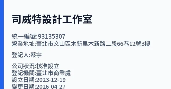 司威特設計工作室的照片-統編 93135307(臺北市) 公司登記資料與營業項目詳細圖表